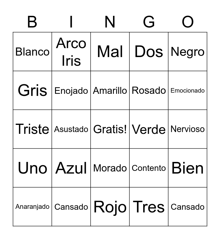 Los colores Bingo Card