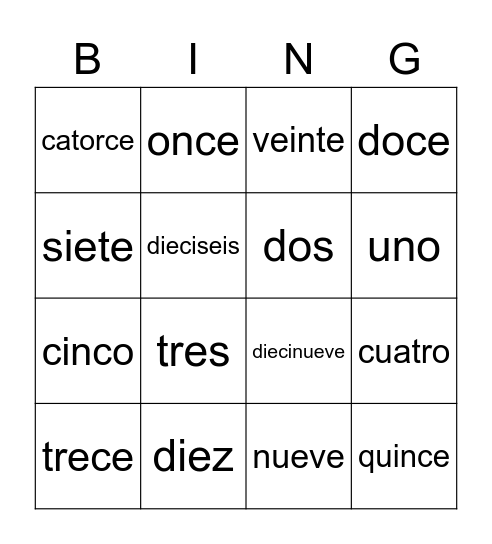 Numbers 1-20 Bingo Card