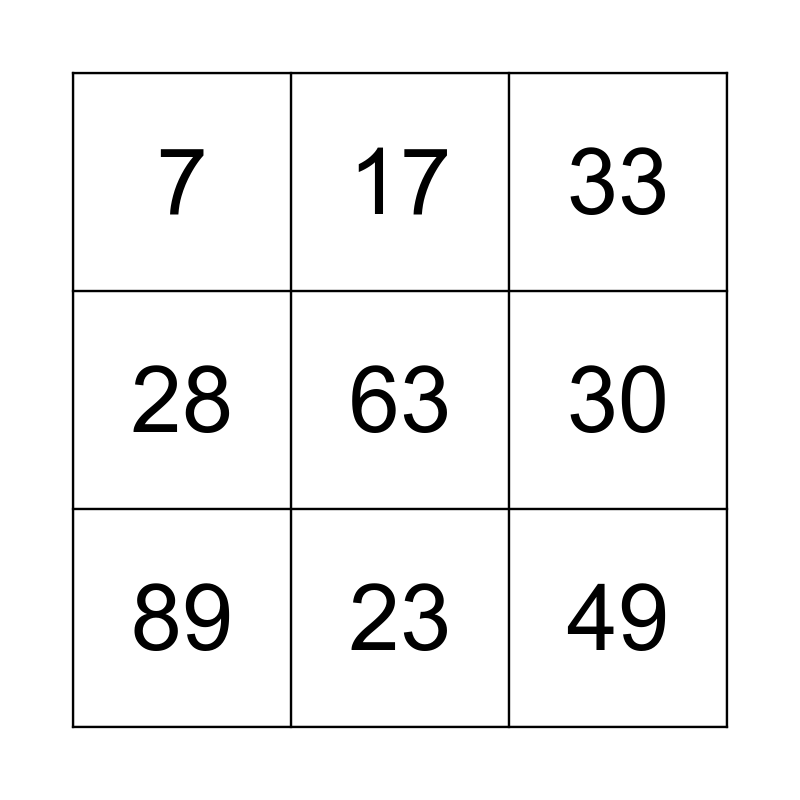Countdown Bingo Card