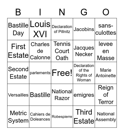 French Revolution and Napolean Bingo Card