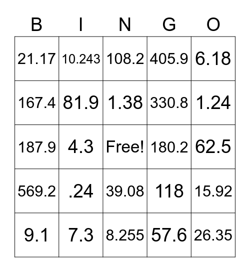 Decimal Operations Bingo Card