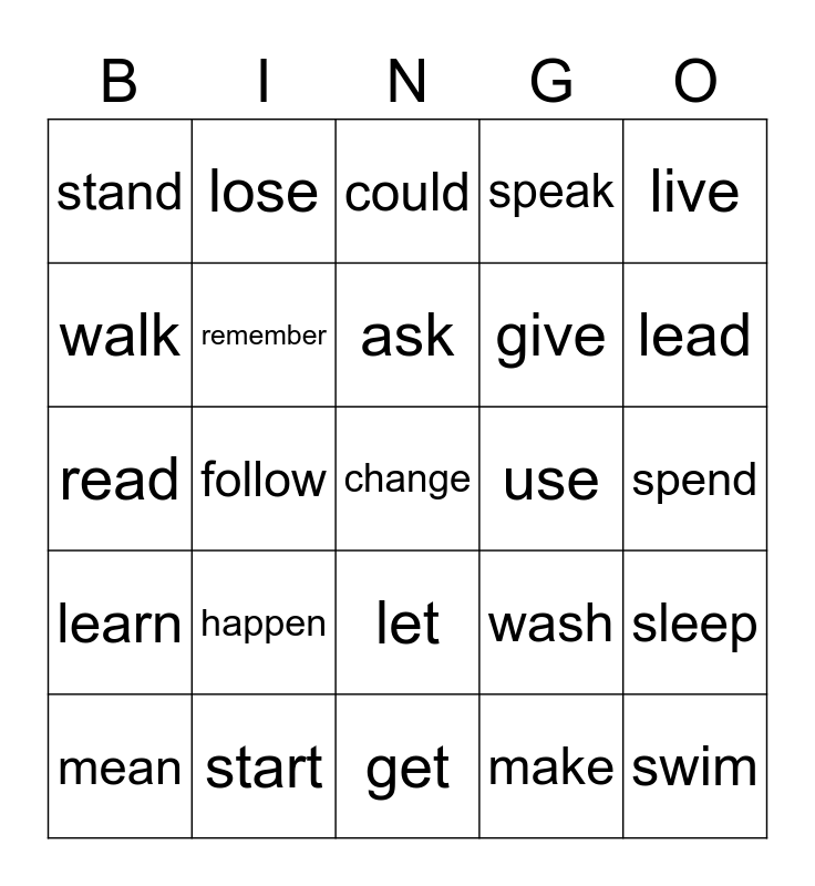 VERB BINGO Card