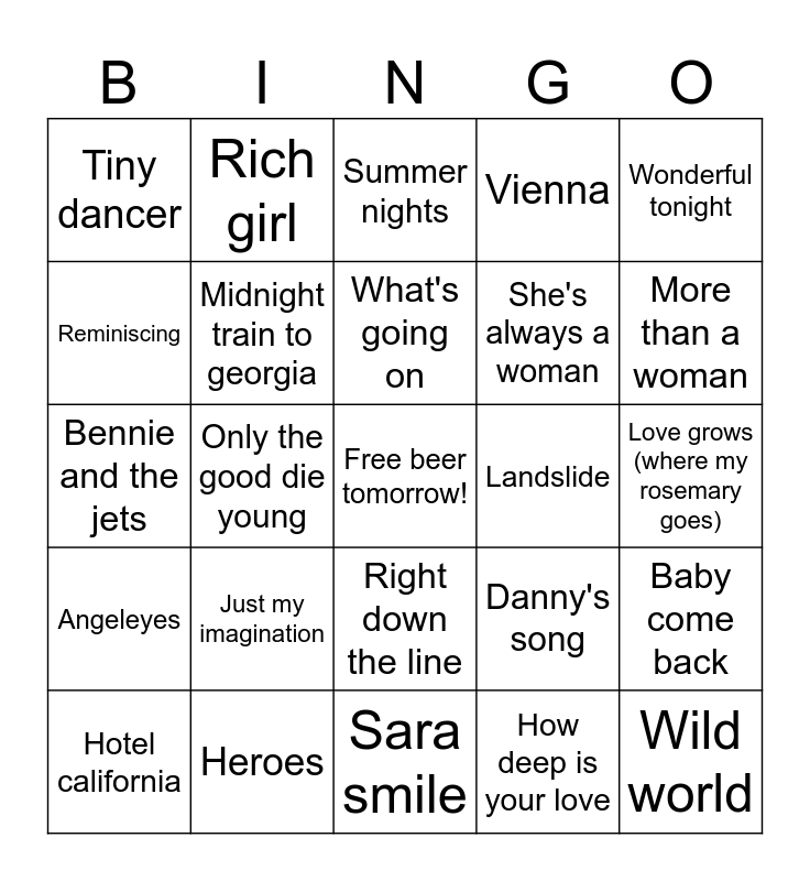 All Out 70's Bingo Card