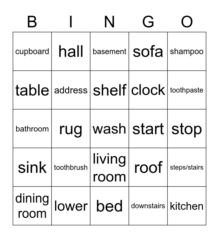 My Home and Things Bingo Card