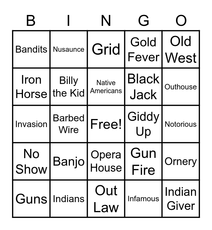Welcome to the Wild Wild West Bingo Card