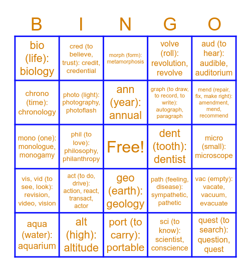 Root Word Bingo Card