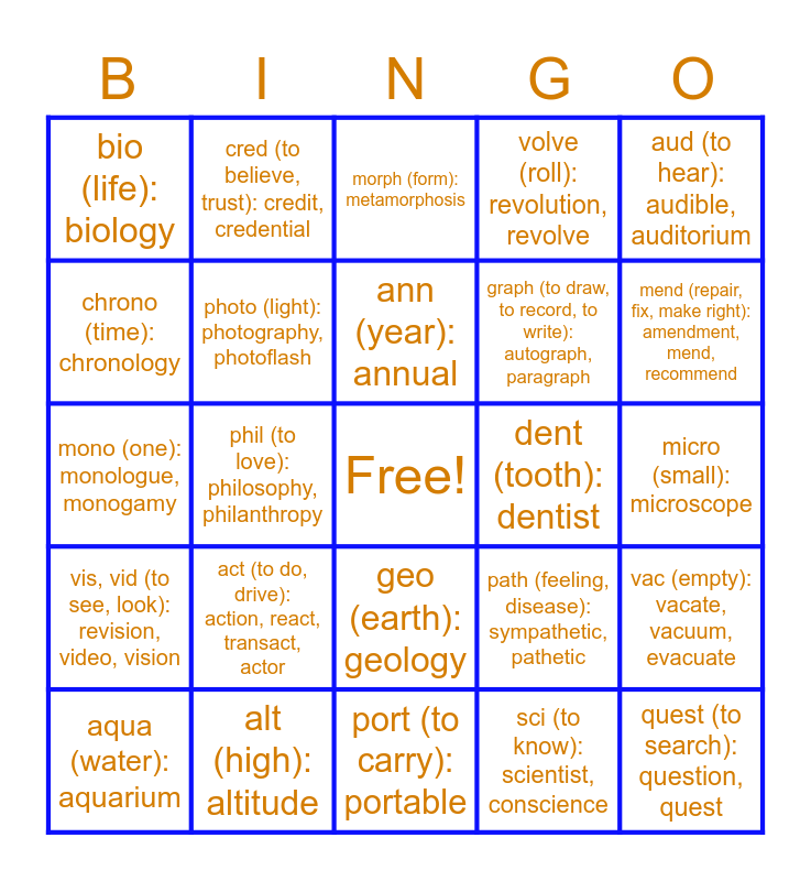 Root Word Bingo Card