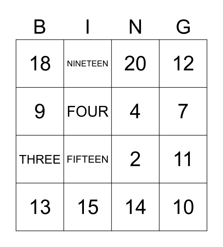 Numbers 1-20 Bingo Card