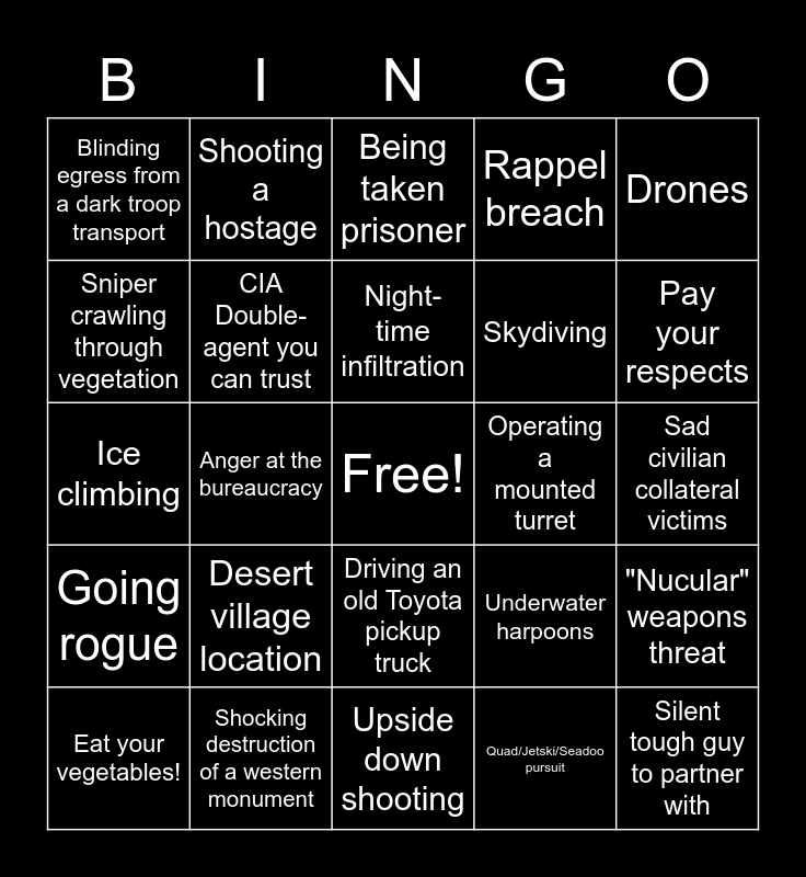 CoD campaign Bingo Card