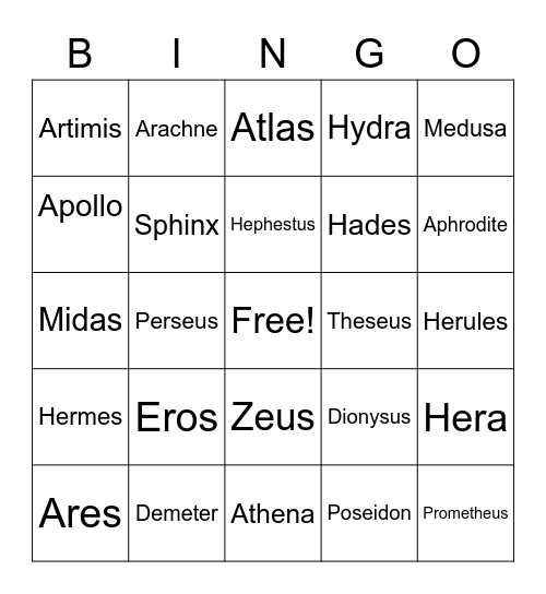 Greek Mythology Bingo Card
