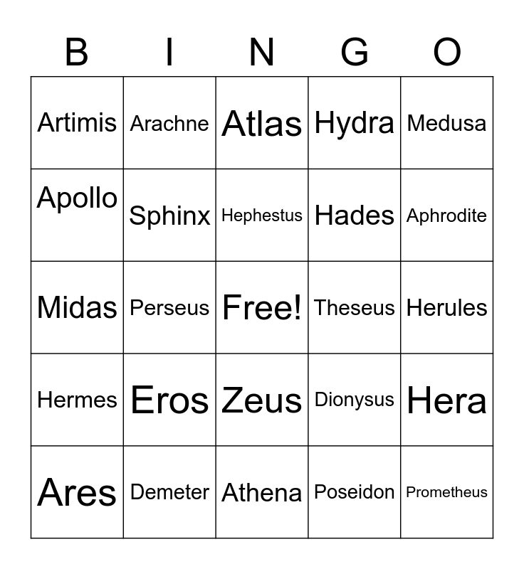 Greek Mythology Bingo Card