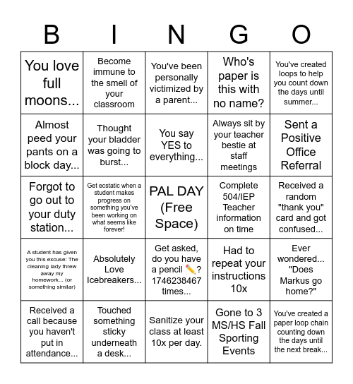 Funtastic Teacher Bingo Card