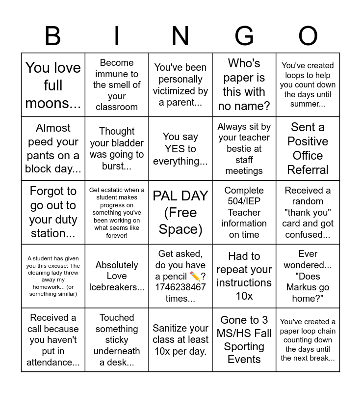 Funtastic Teacher Bingo Card