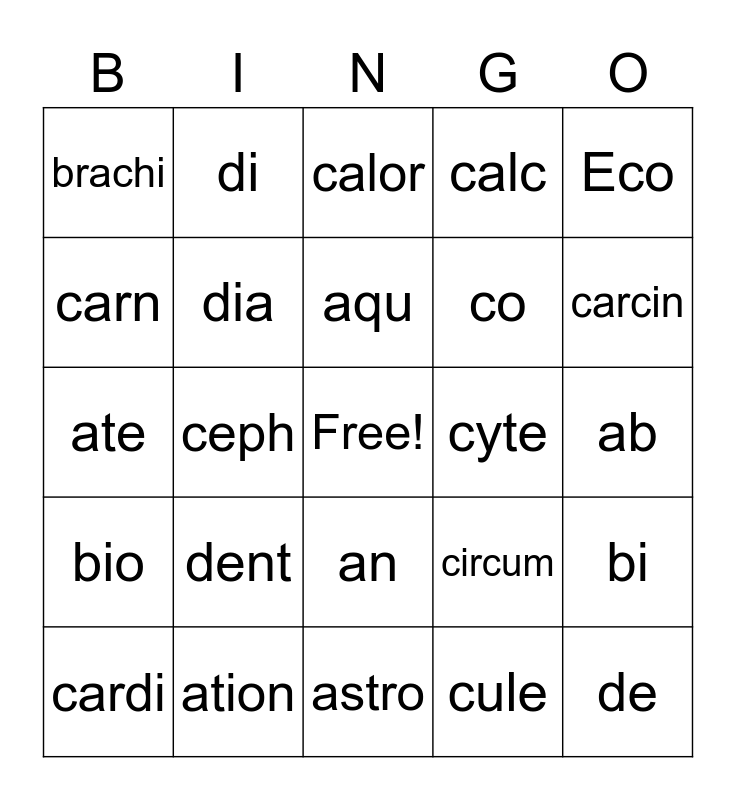 Science Root Words Bingo Card