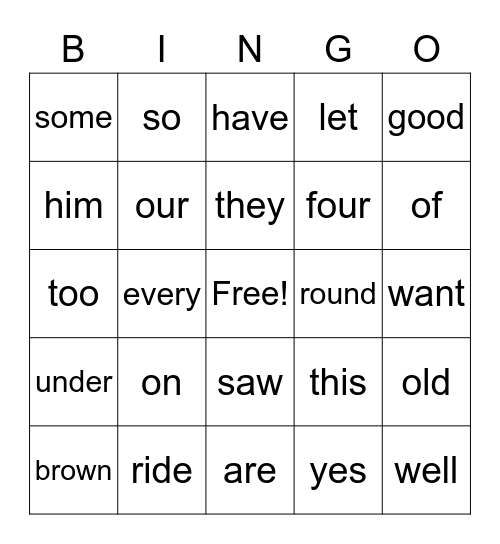 Sight Word Bingo Card