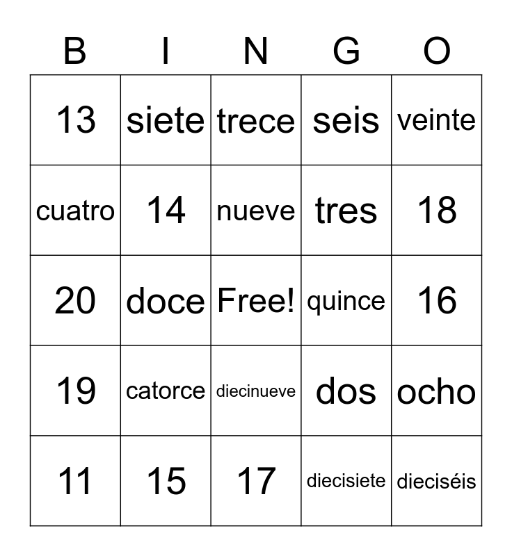 Spanish numbers 1 - 20 Bingo Card