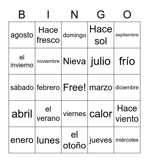 Months, seasons, weather in Spanish Bingo Card