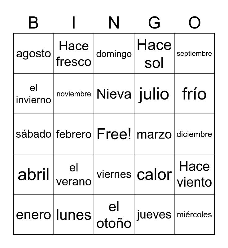 Months, seasons, weather in Spanish Bingo Card