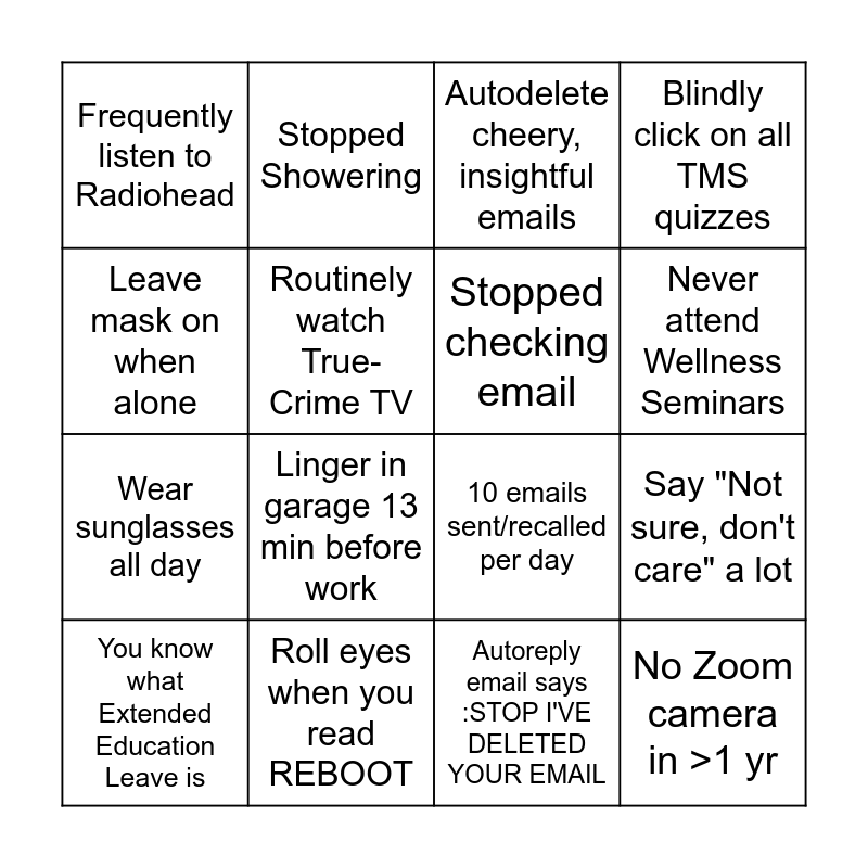 Burnout Bingo Card
