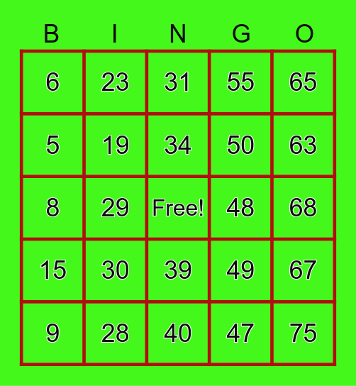 Number Bingo 1-75 Bingo Card
