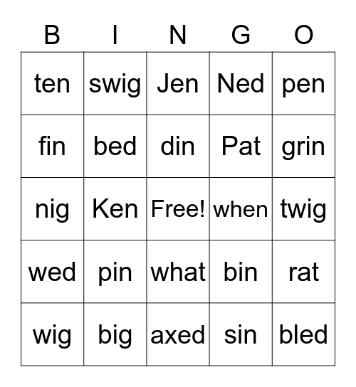 Words Bingo Card