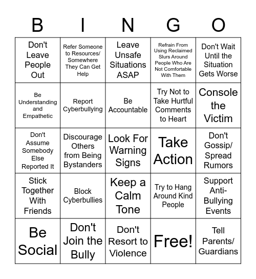 Ways You Can Prevent Bullying Bingo Card