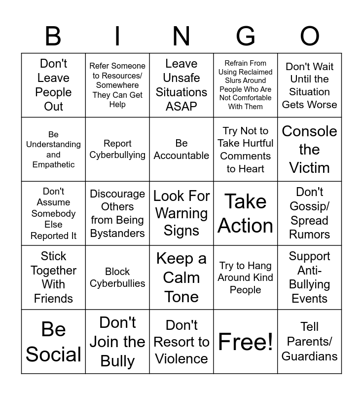 Ways You Can Prevent Bullying Bingo Card