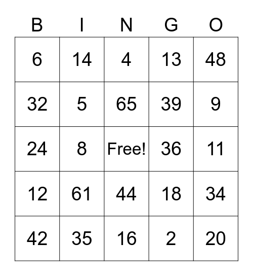 Numbers 1-60 Bingo Card
