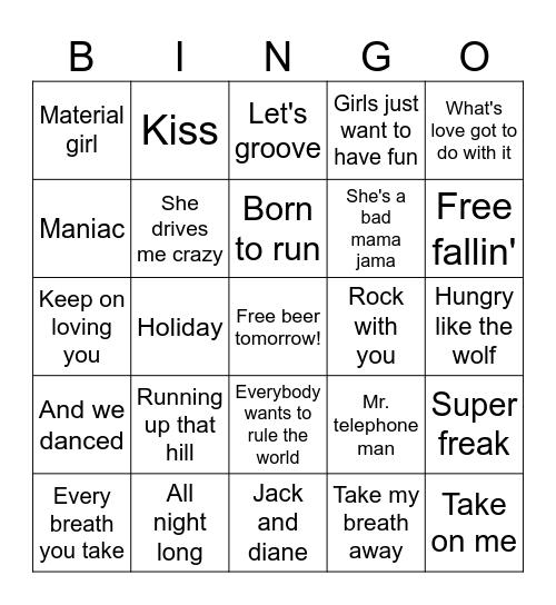 All Out 80's Bingo Card