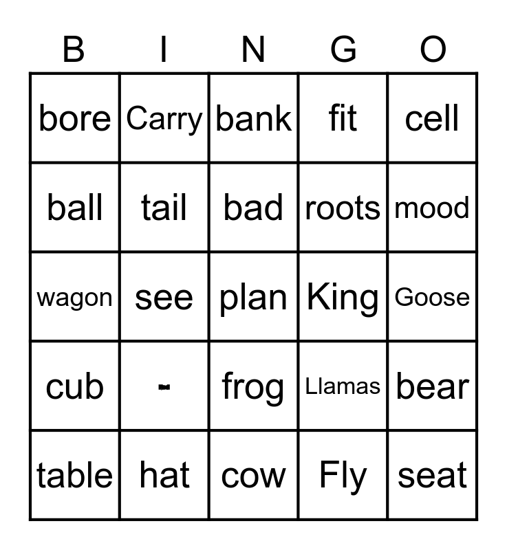 Rhyming Words Bingo Card