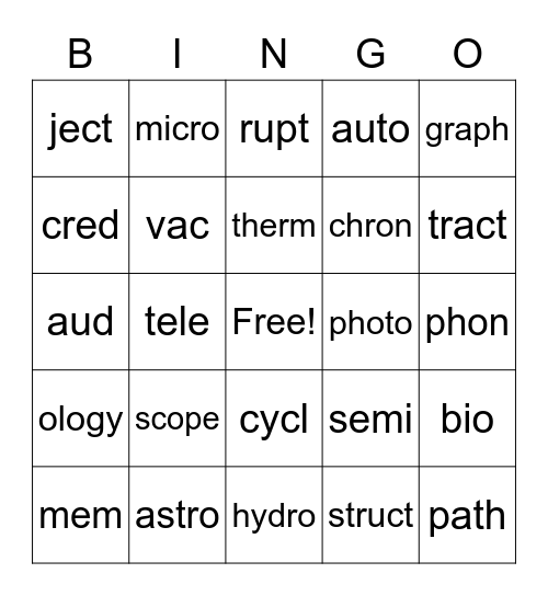 Root Word Bingo Card