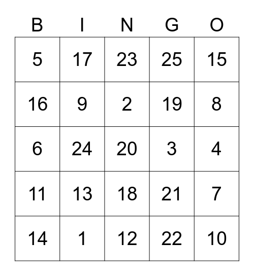 数字（shùzì）Numbers Bingo Card