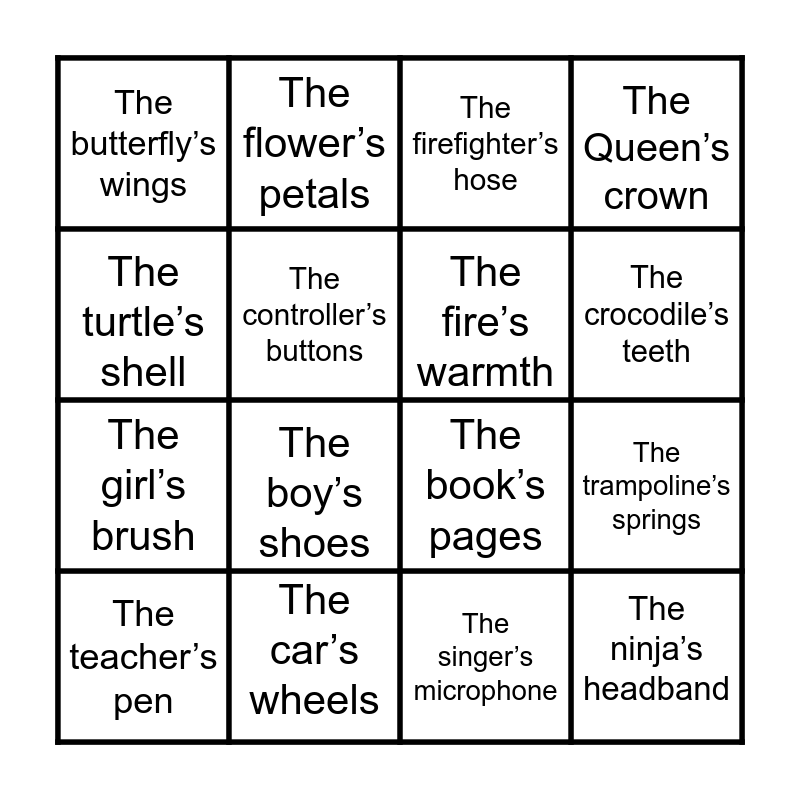 Possessive Apostrophe Bingo Card
