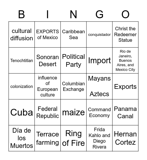 Unit 3 - Mexico and Latin America Bingo Card