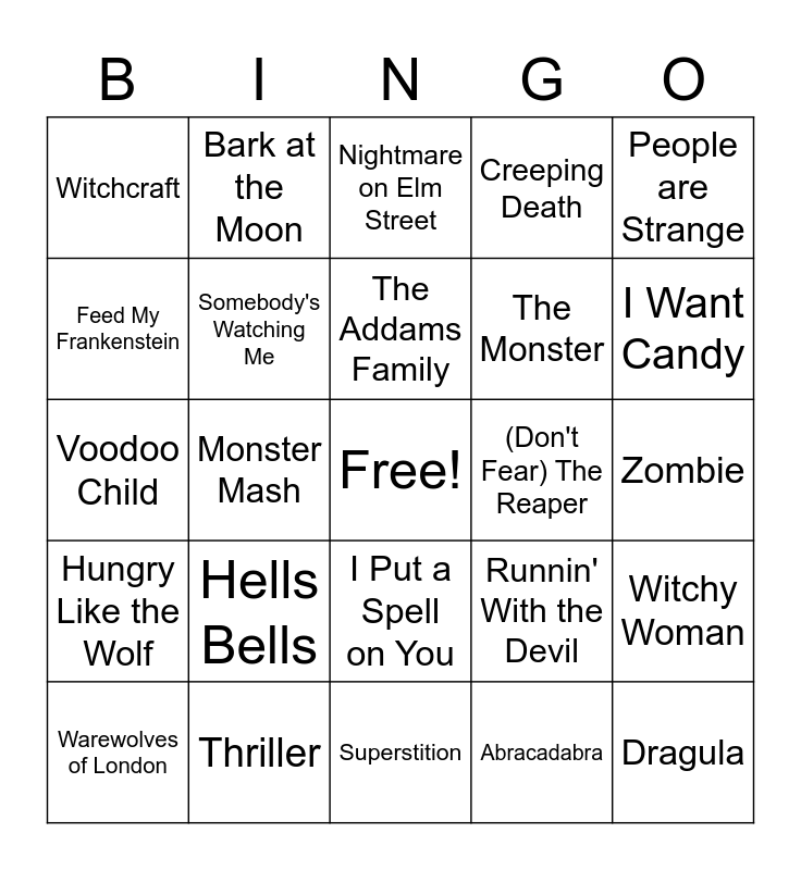 Halloween Music Bingo Card