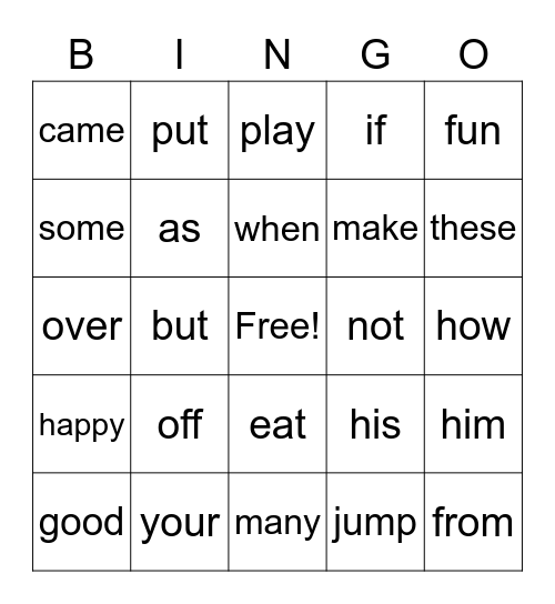 2G Power Words Bingo Card