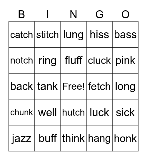 Floss, -ck, -tch, Glued Sounds Bingo Card