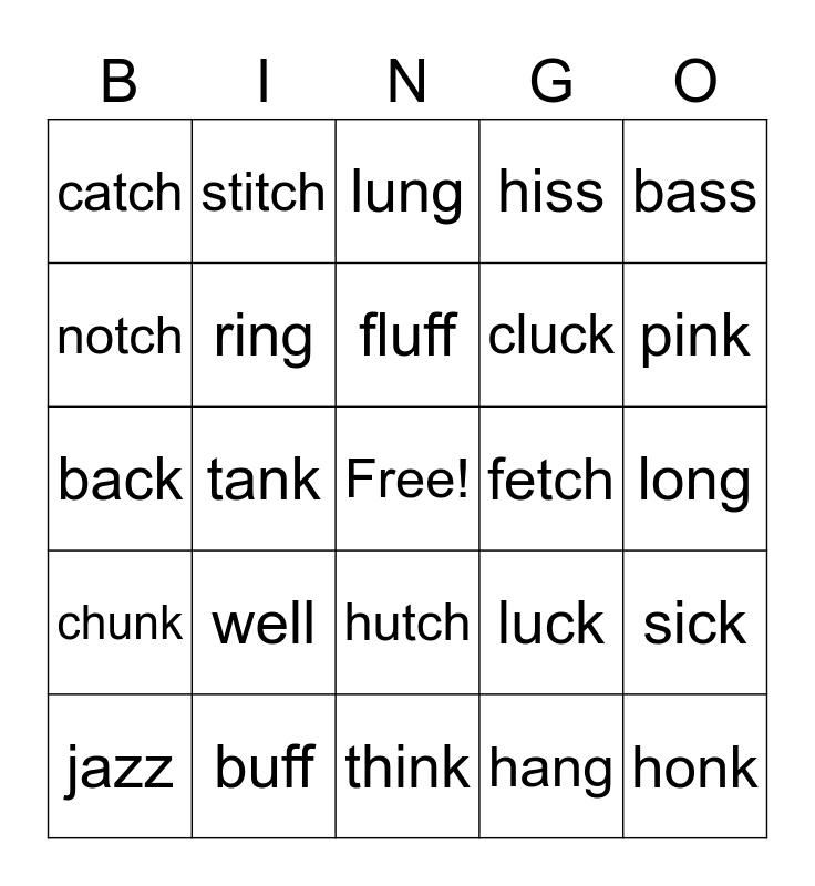 Floss, -ck, -tch, Glued Sounds Bingo Card