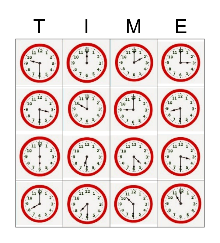 Telling the Time (O'clock & Half past) Bingo Card