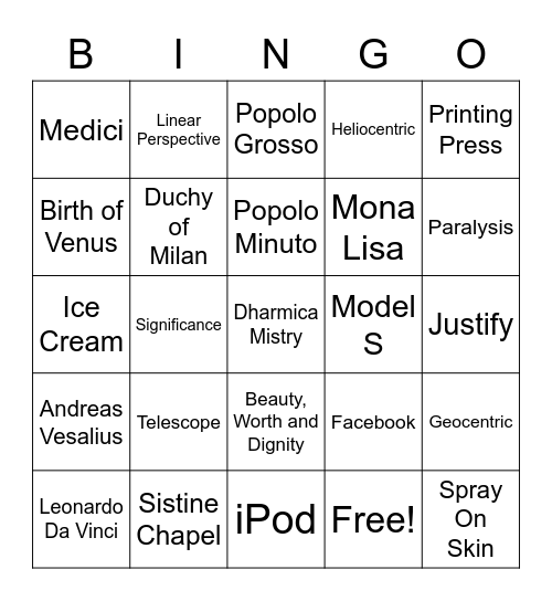 RENAISSANCE Bingo Card