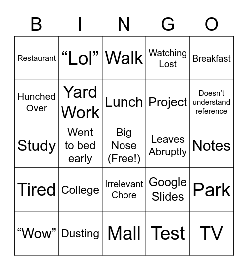 Mr C Bingo Card