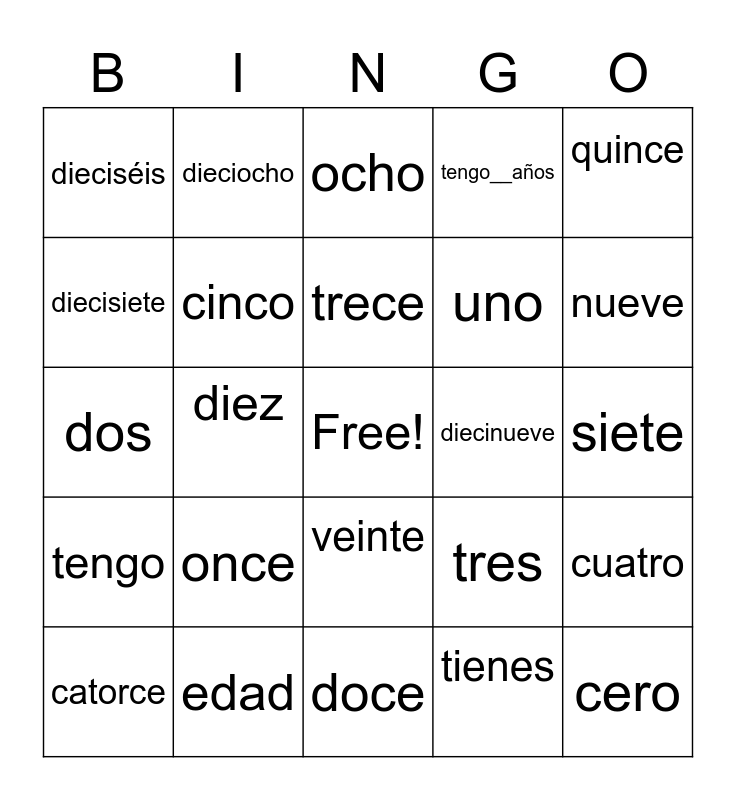 Edad y números Bingo Card