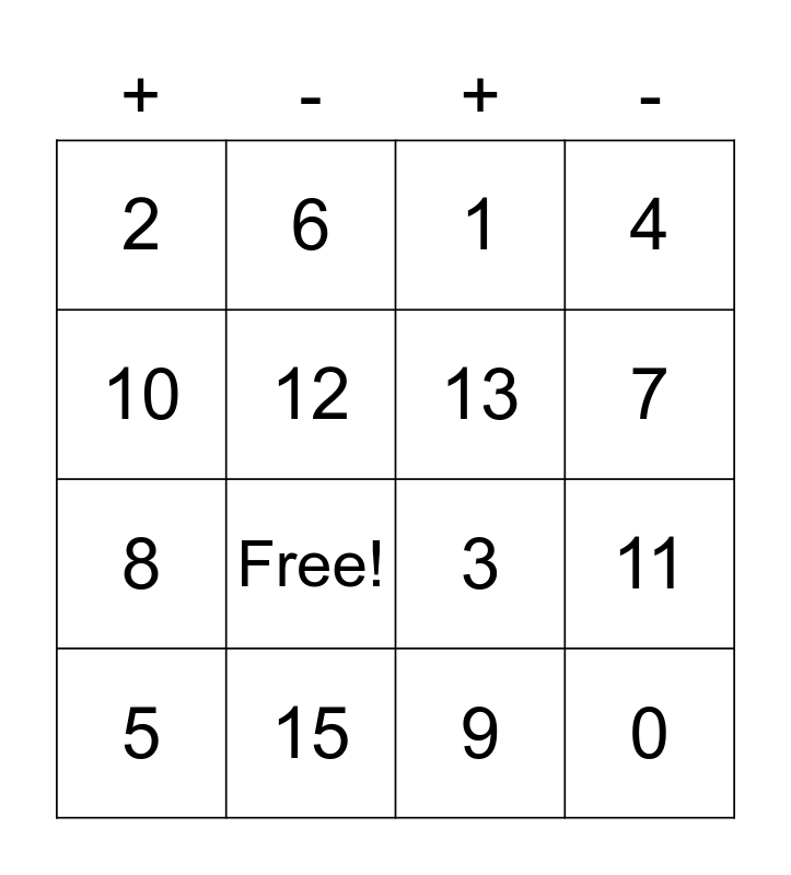 One More One Less Bingo Card
