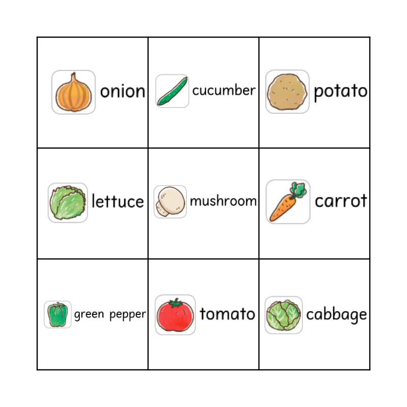 Vegetables Bingo Card