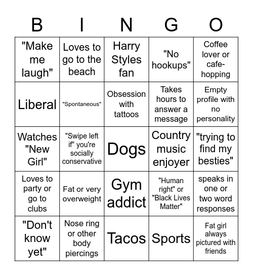 Bumble Girl Profile Bingo Card