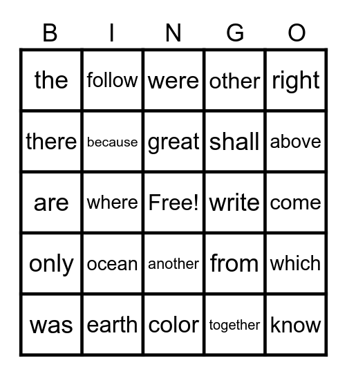 High Frequency Words Bingo Card