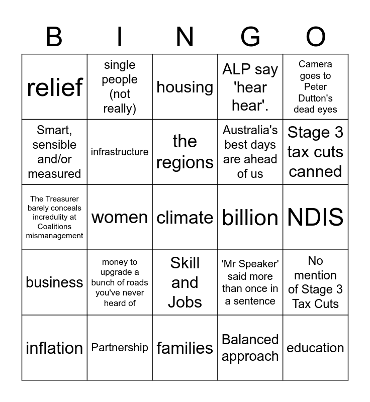 Federal Budget Bingo Card