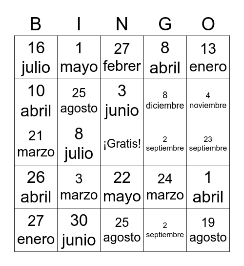 Mi cumpleaños es el ___ de _______ Bingo Card