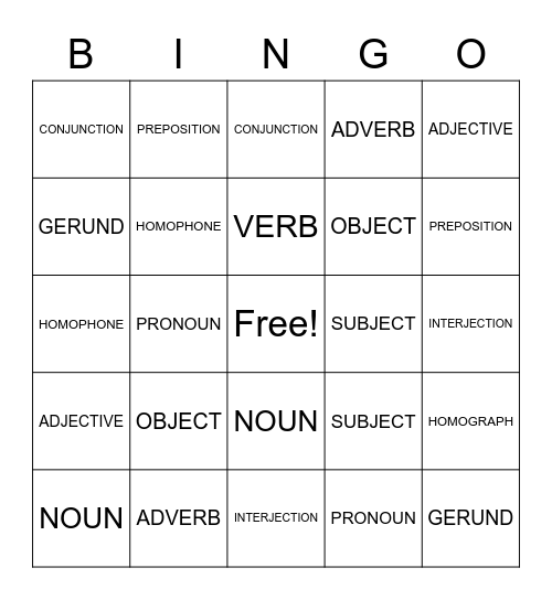 Grammar BINGO Card