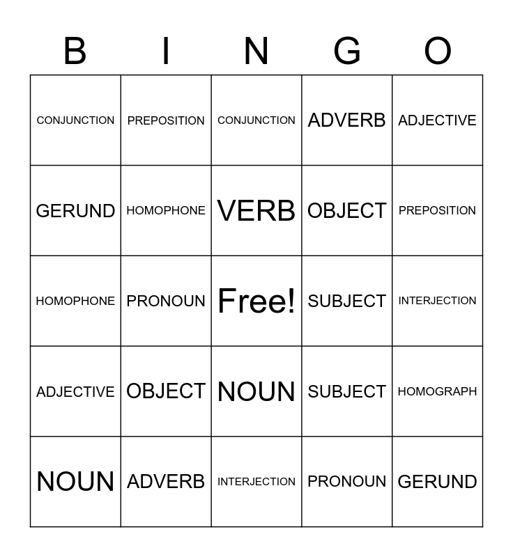 Grammar BINGO Card